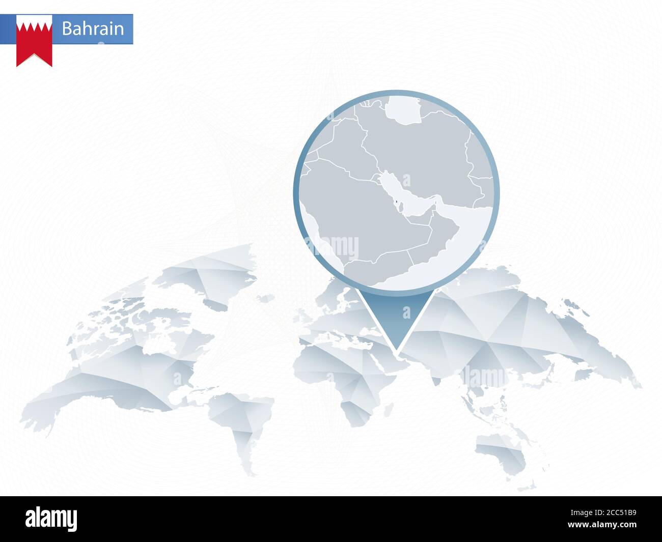 Abstract rounded World Map with pinned detailed Bahrain map. Vector ...