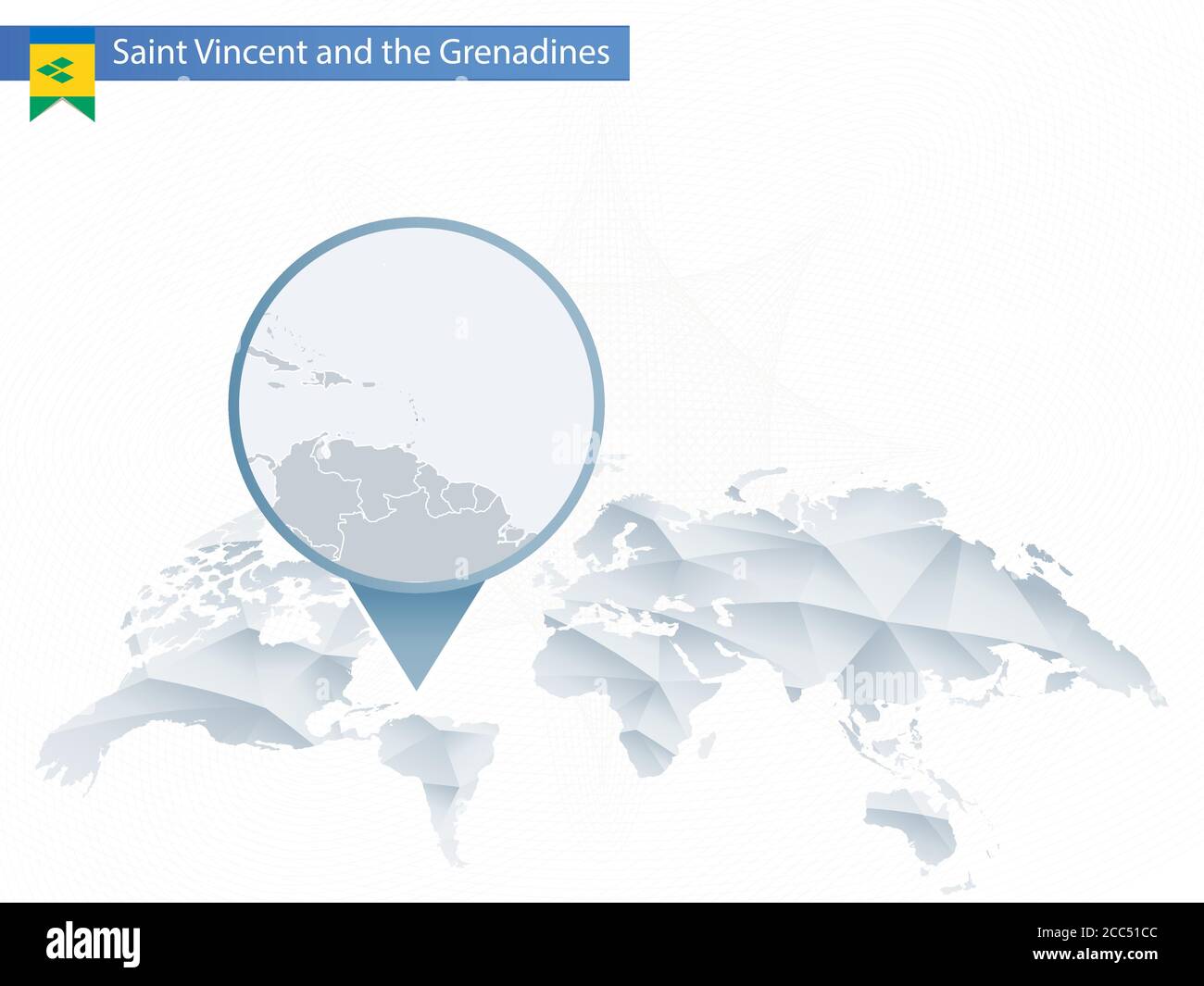 Abstract rounded World Map with pinned detailed Saint Vincent and the ...
