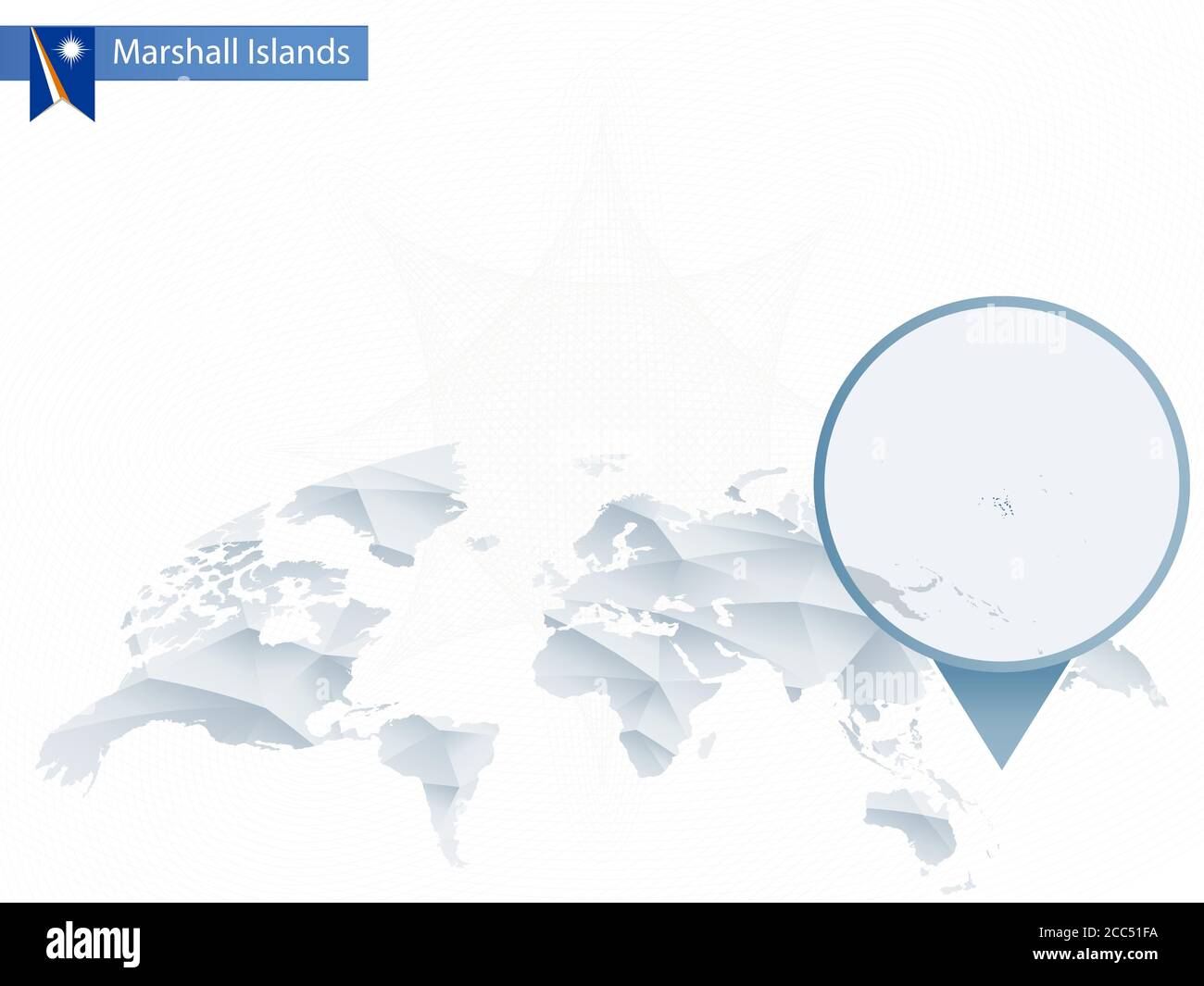 Abstract rounded World Map with pinned detailed Marshall Islands map ...