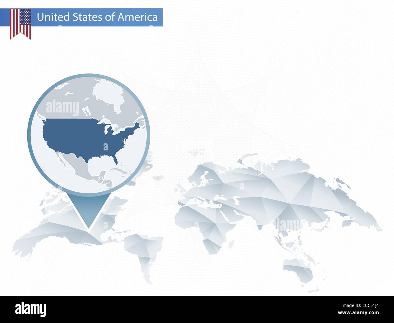 Abstract rounded World Map with pinned detailed USA map. Map and flag ...