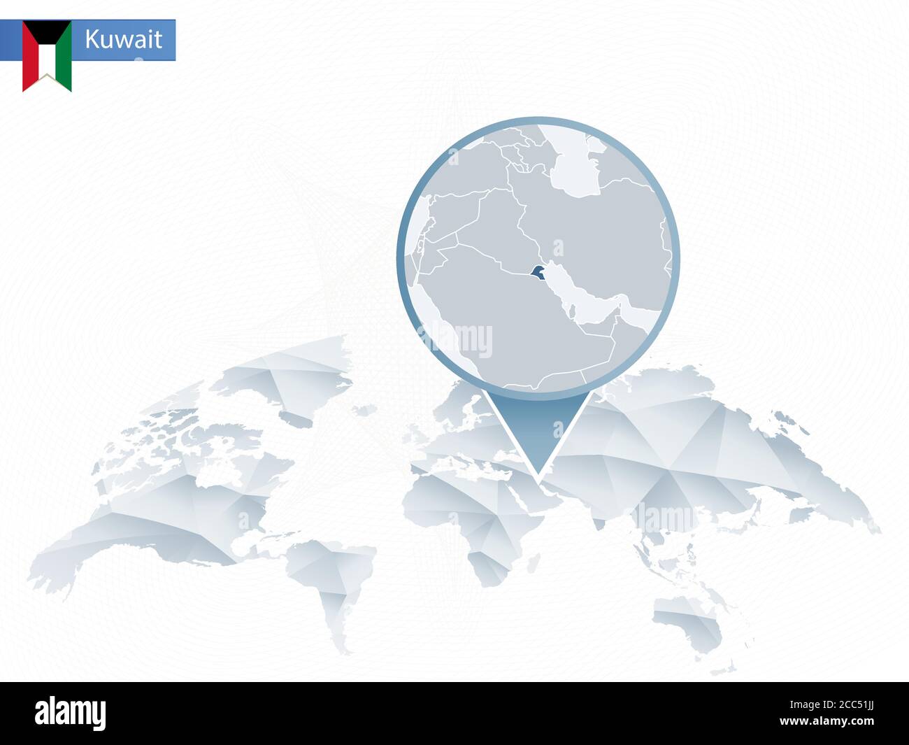 Abstract rounded World Map with pinned detailed Kuwait map. Vector ...