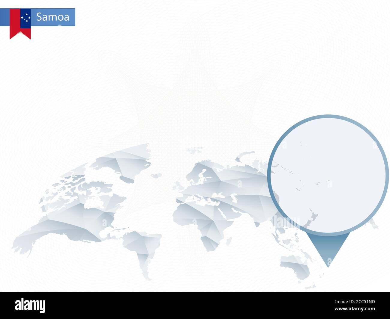 Abstract rounded World Map with pinned detailed Samoa map. Vector ...