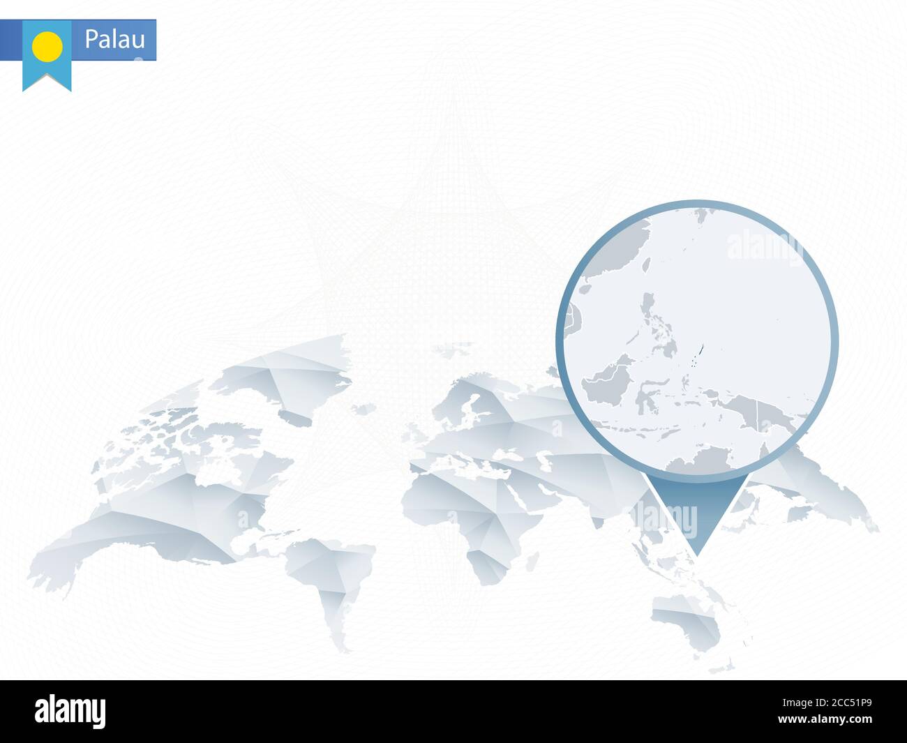 Abstract rounded World Map with pinned detailed Palau map. Vector ...
