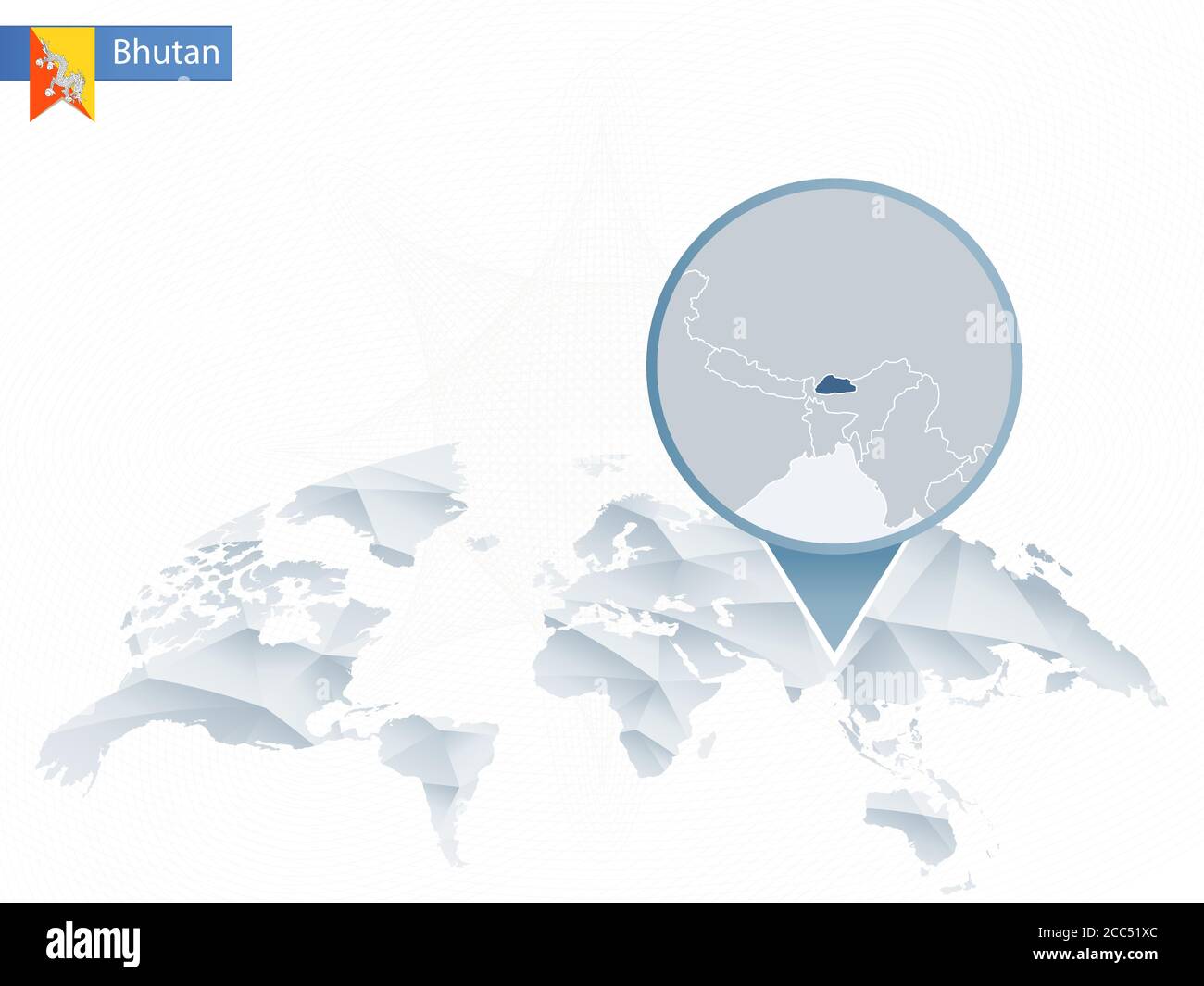 Abstract rounded World Map with pinned detailed Bhutan map. Vector ...