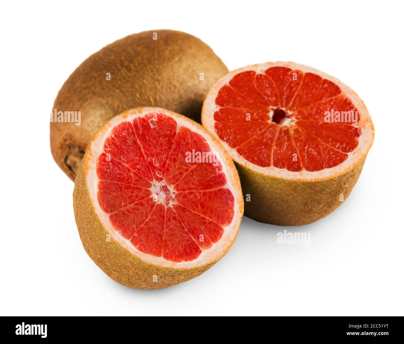 GMO food. Sliced genetically modified kiwis with grapefruit center ...