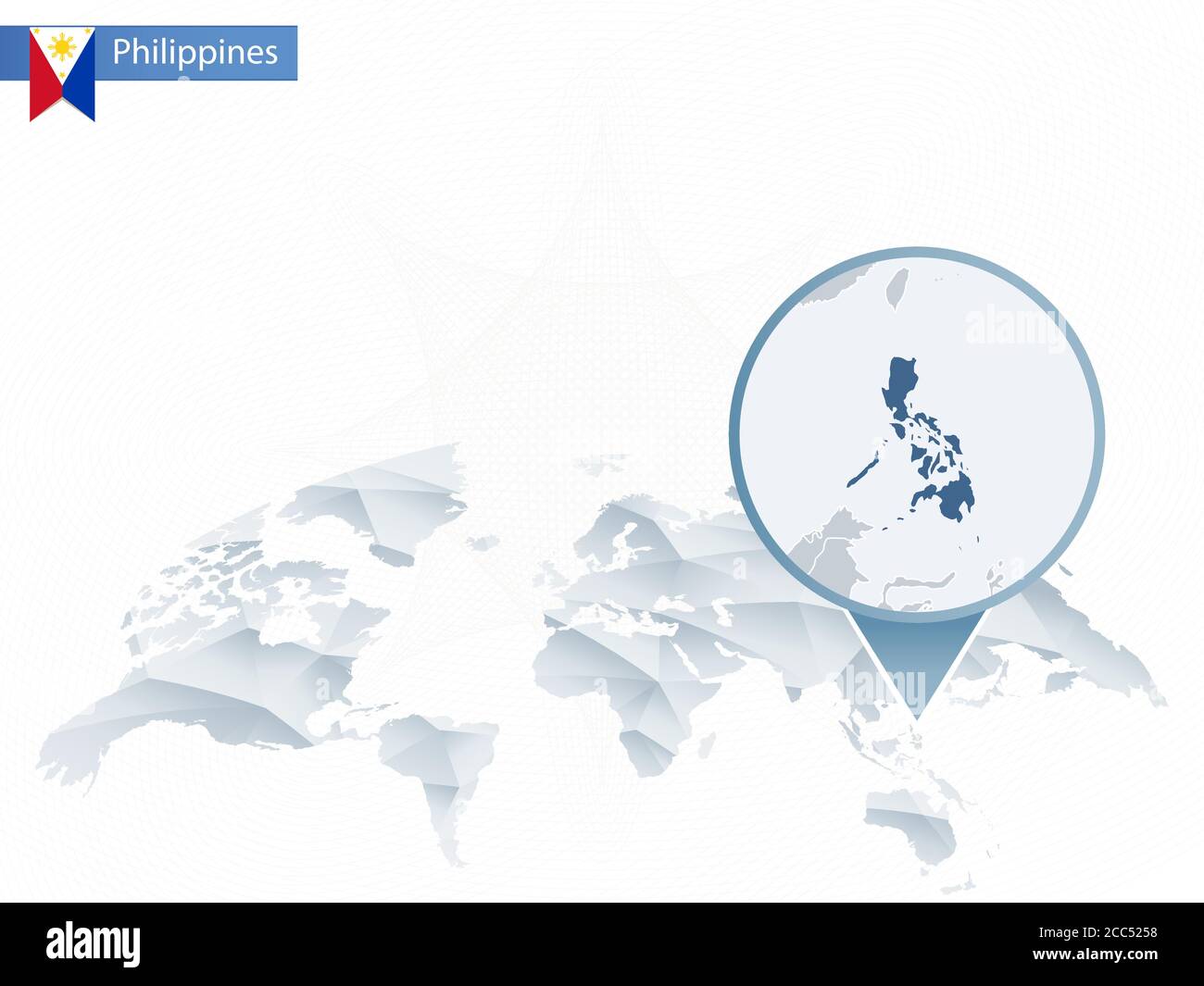Abstract rounded World Map with pinned detailed Philippines map. Vector ...