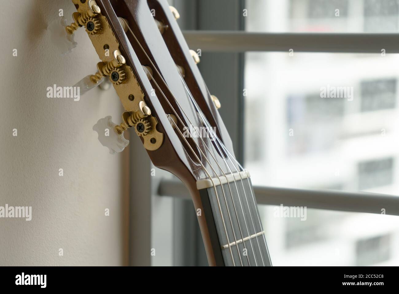 Close-up photo of guitar headstock. Also visible is the gold tuning ...