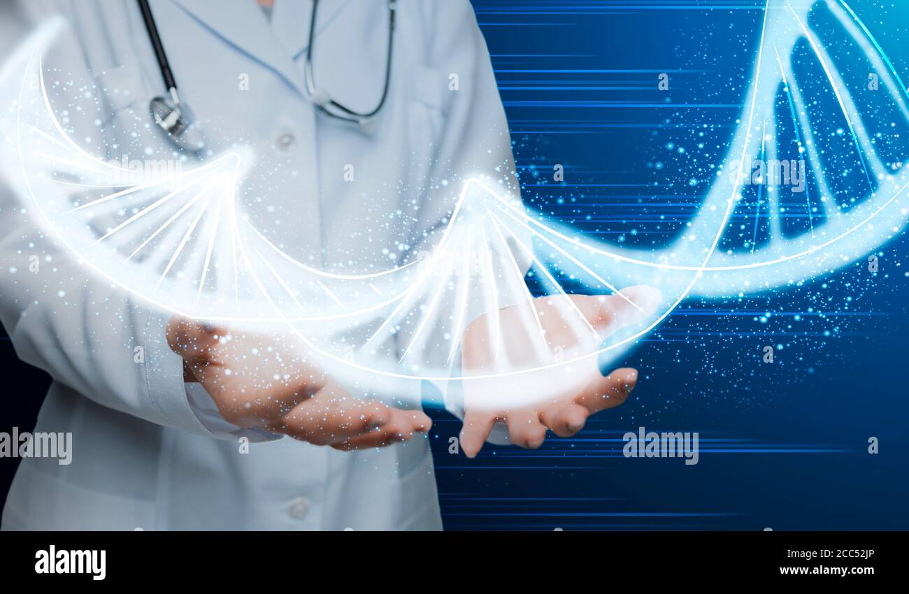 Genetic engineering in medicine. Female doctor operating DNA molecule ...