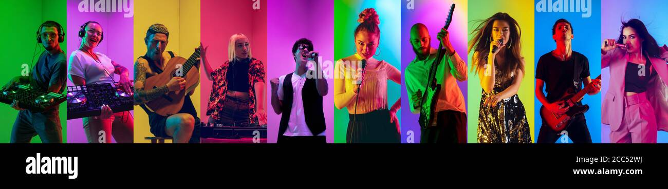 Collage of portraits of 10 young emotional talented musicians on ...