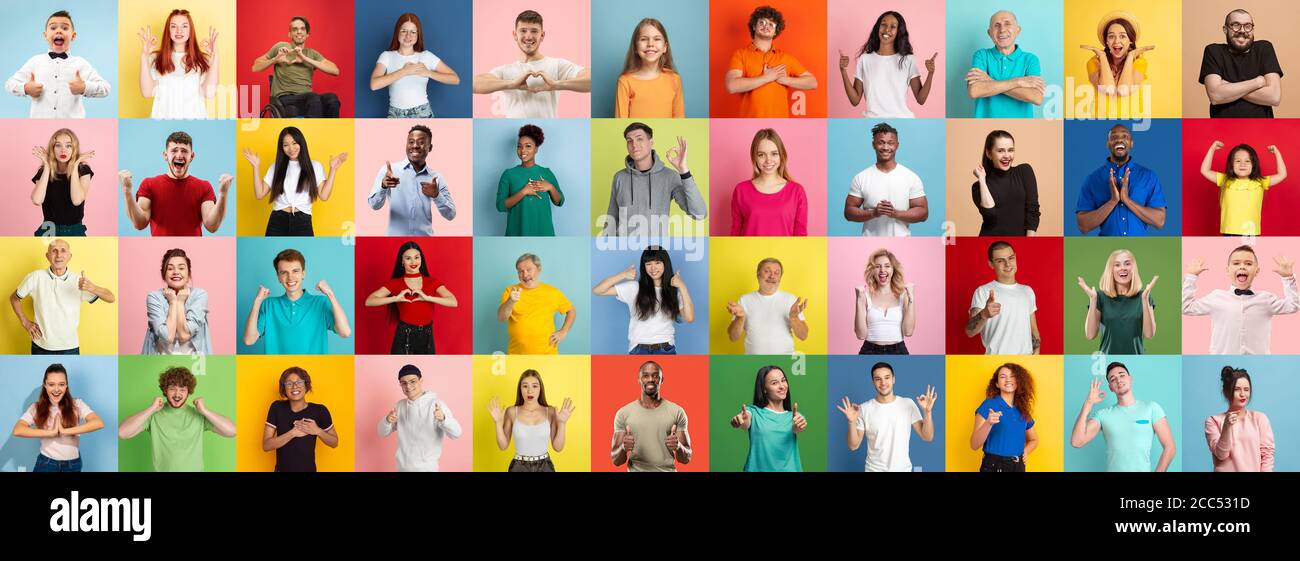 Collage of portraits of 35 young emotional people on multicolored ...