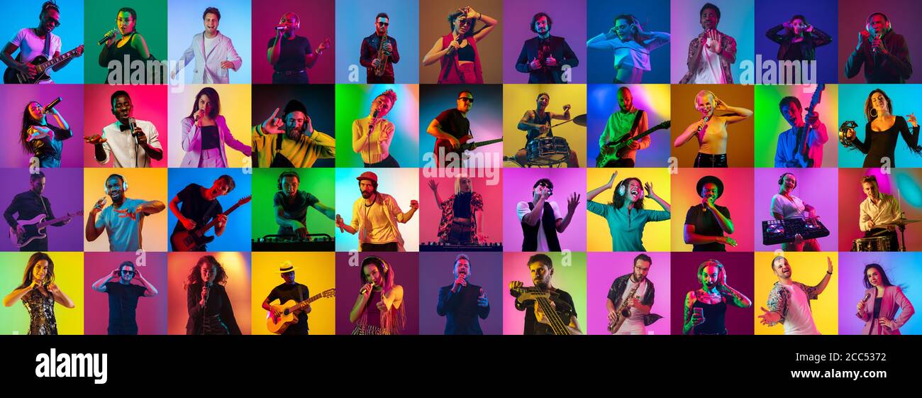 Collage of portraits of 34 young emotional talented musicians on ...