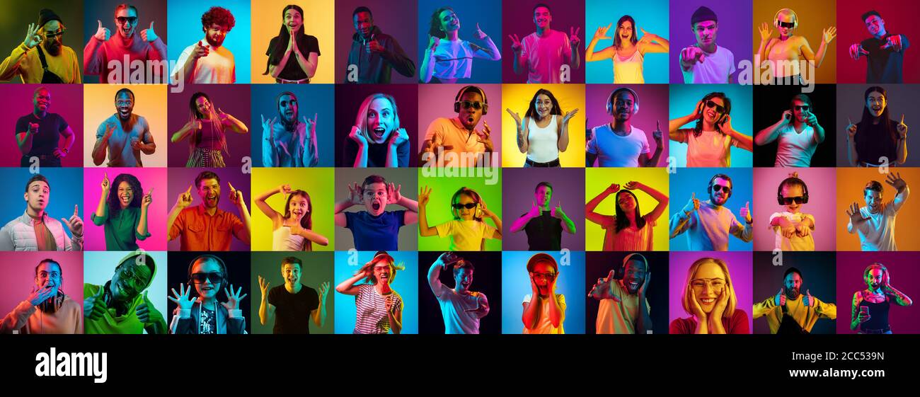 Collage of portraits of 30 young emotional people on multicolored ...