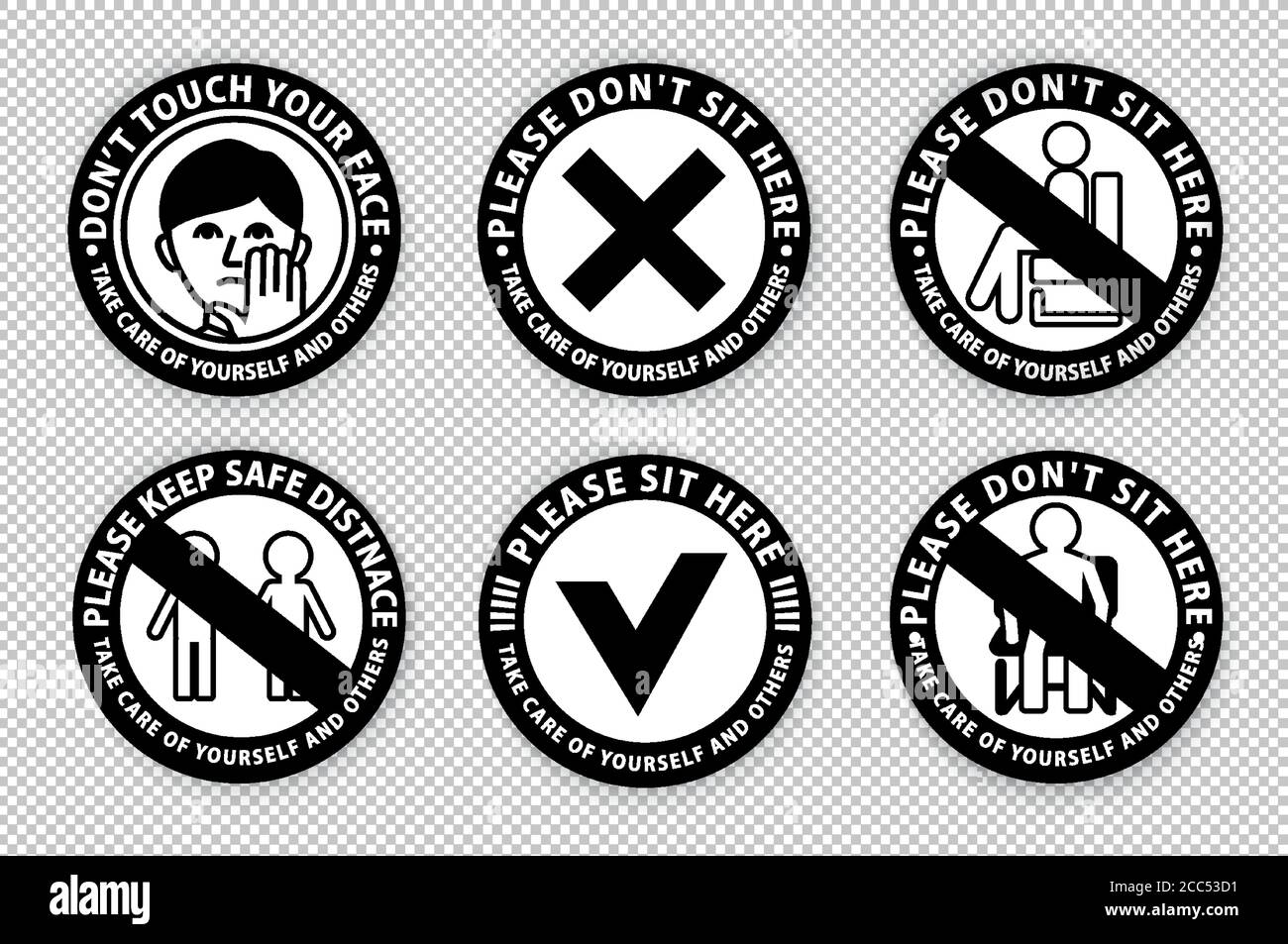 Warning signs on transparent background.. Keep distance between people ...