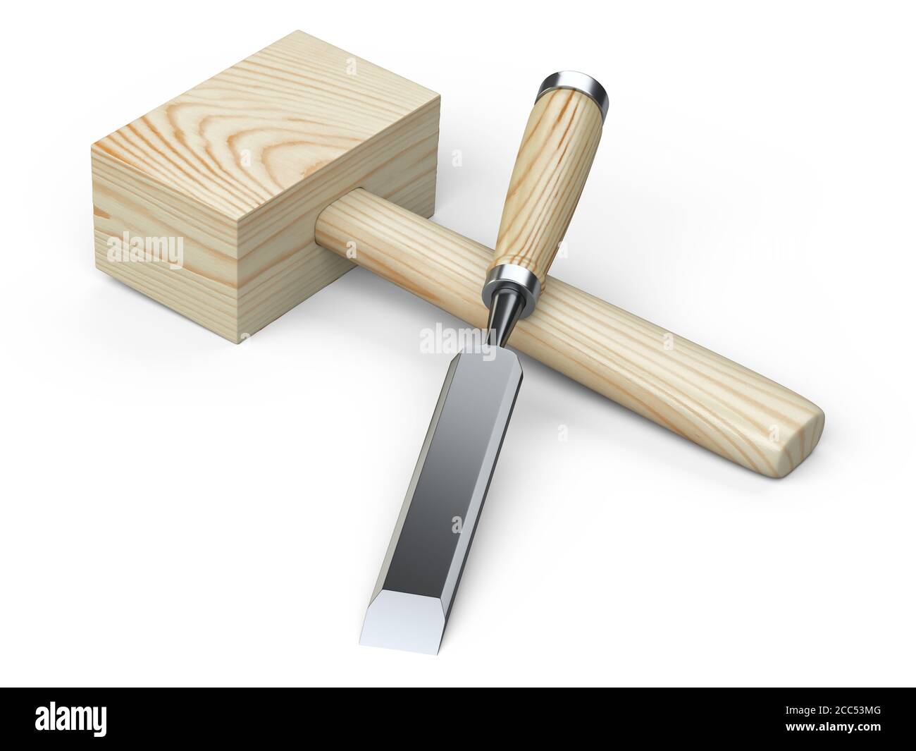 Hammer and chisel hand tool with wooden handles. 3d illustration ...