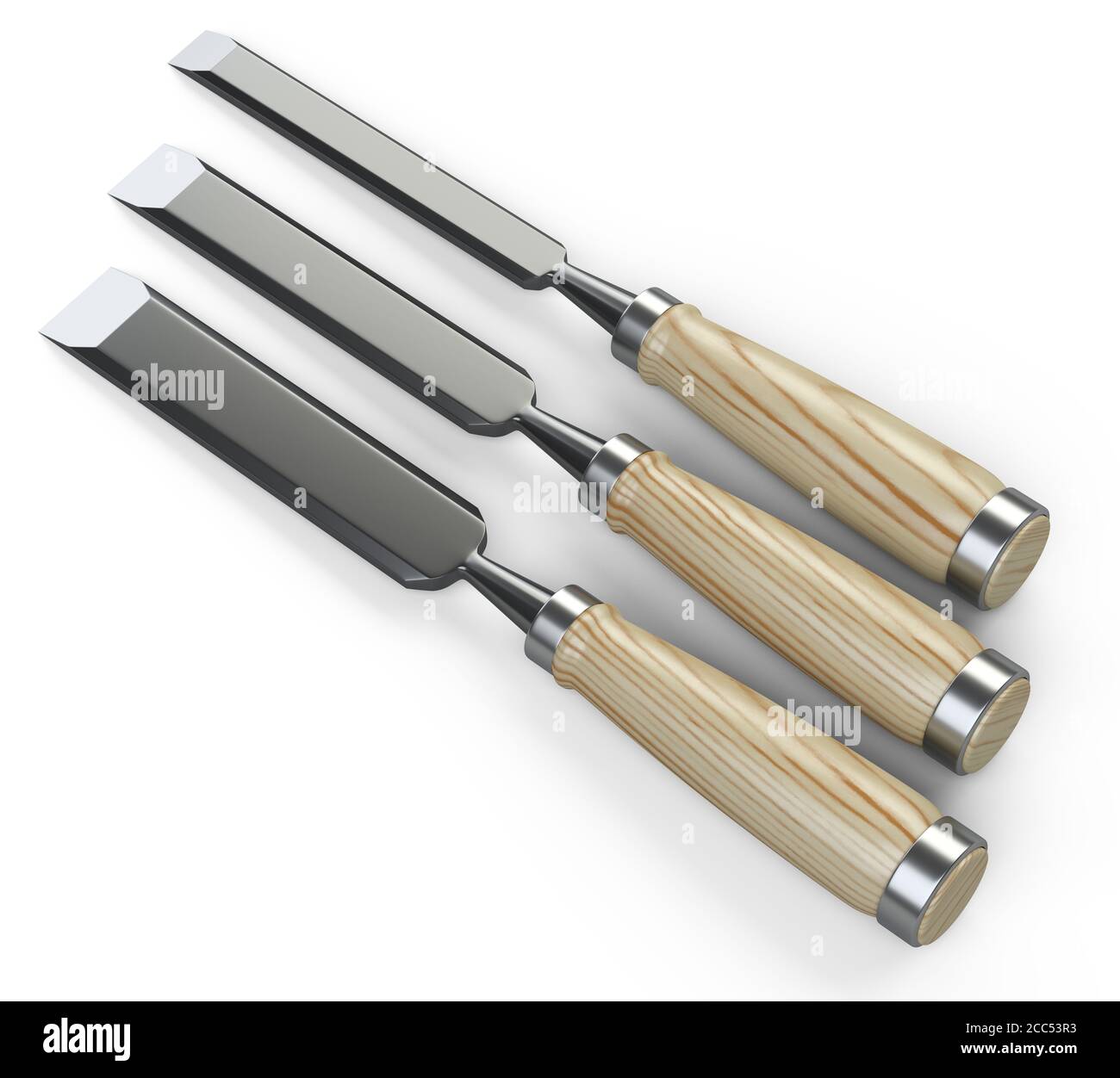 Chisel hand tool set with wooden handles. 3d illustration isolated on a ...