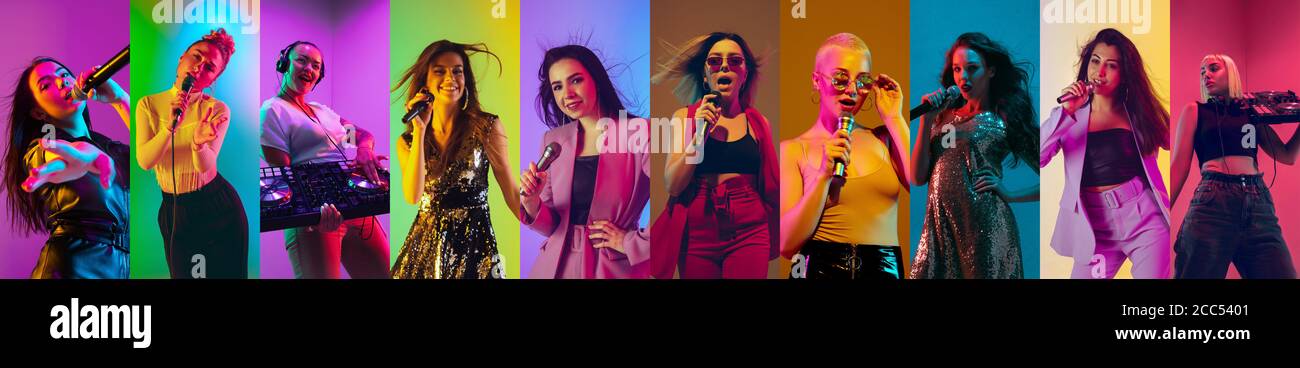 Collage of portraits of 9 young emotional talented musicians on ...