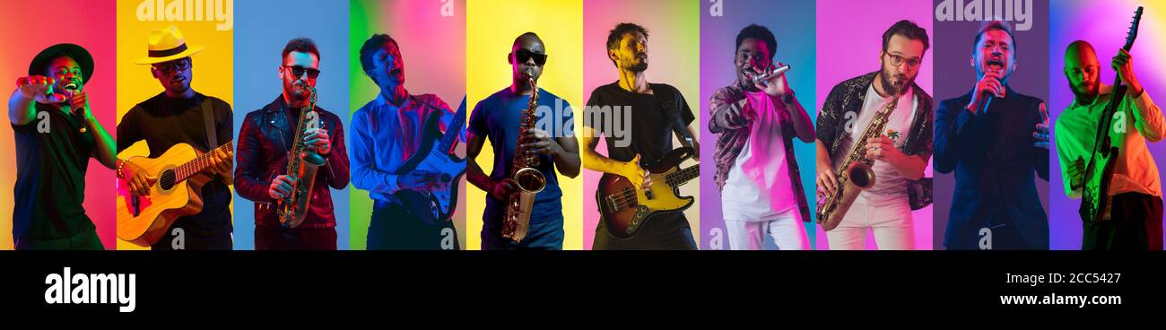 Collage of portraits of 8 young emotional talented musicians on ...