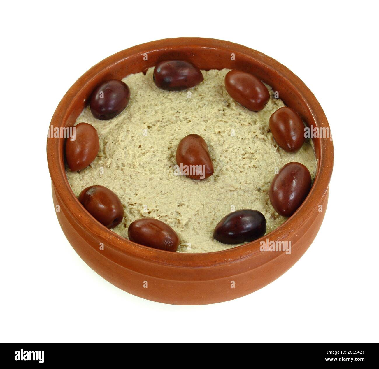 Pheasant pate in a clay bowl of isolated on a white background. hunting ...
