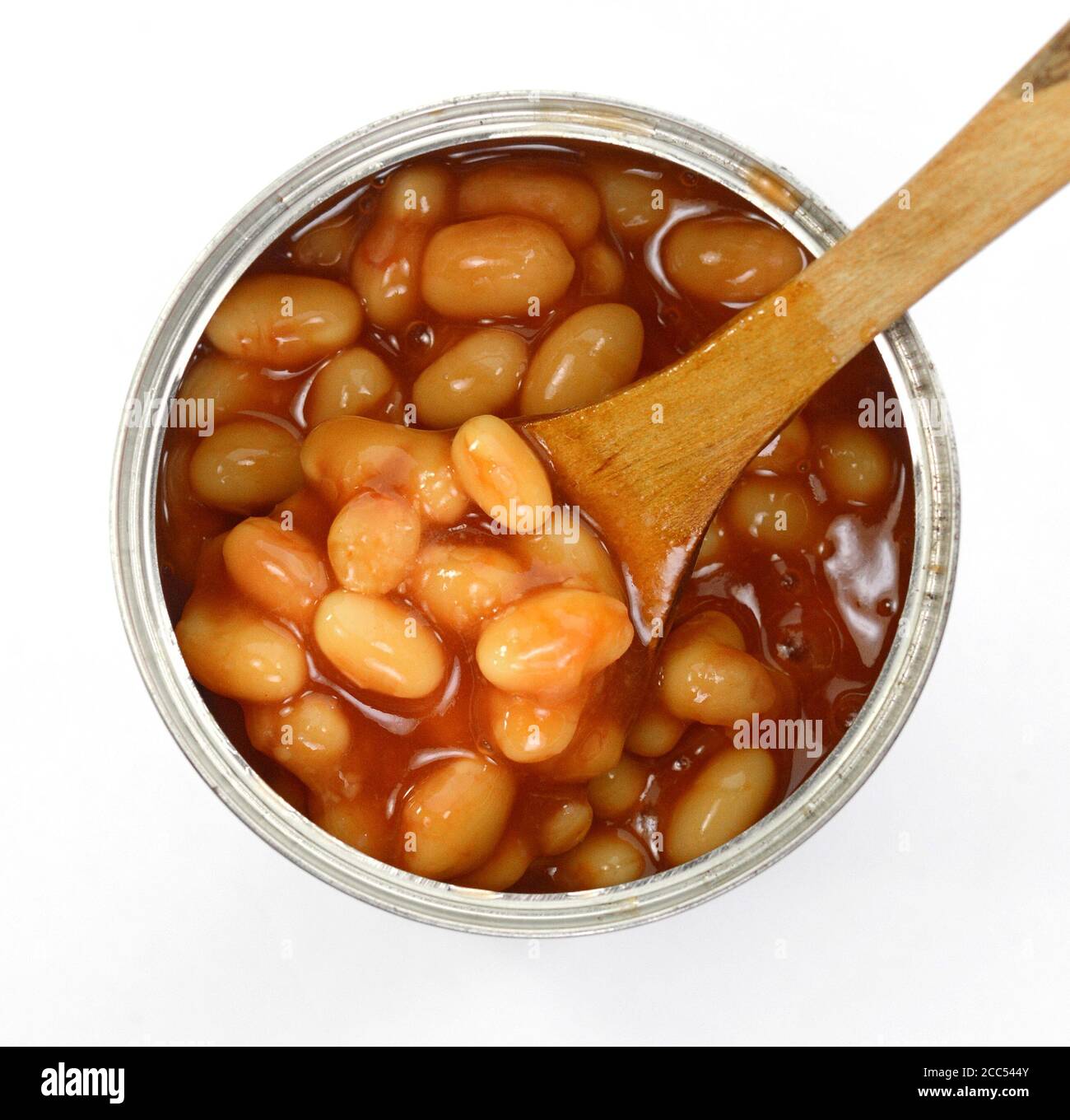 Tinnes beans top view on white. Open can of beans on a white background ...