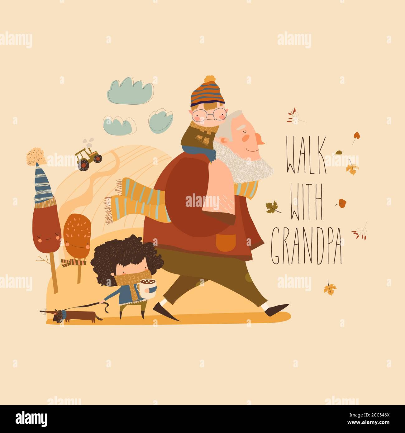 Cartoon happy grandfather walking with his grandchildren Stock Vector ...