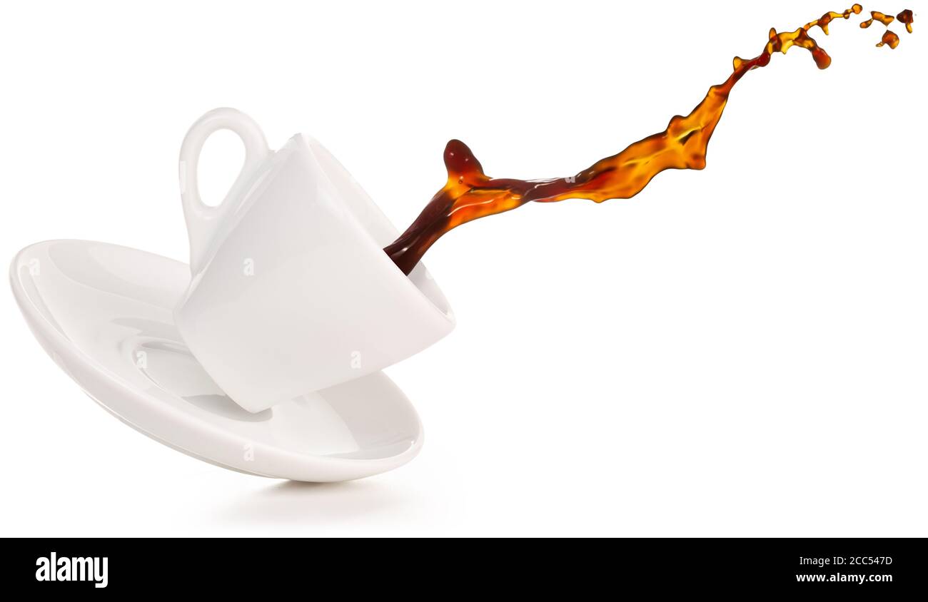 coffee splashing out of a tilted cup isolated on white Stock Photo - Alamy