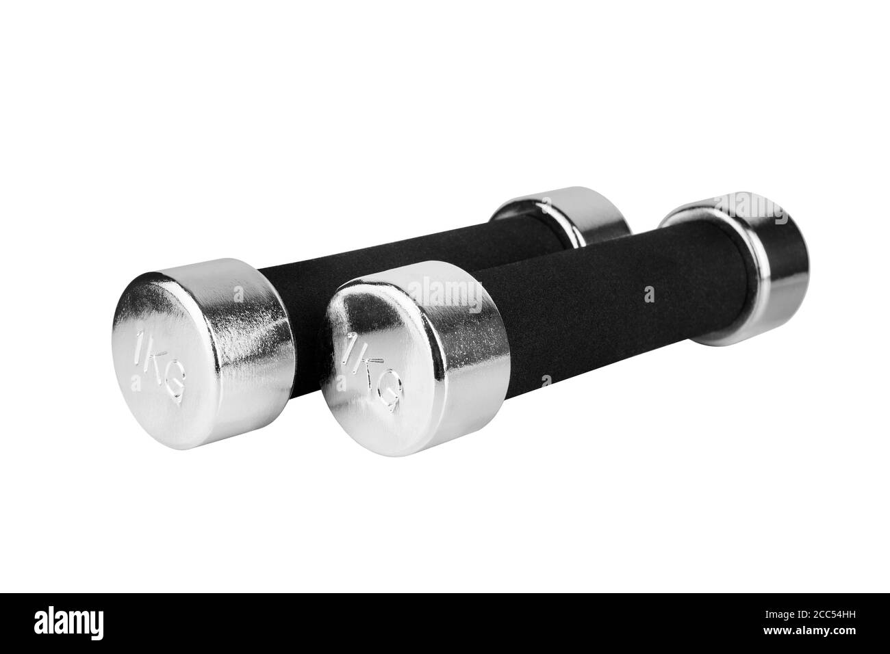 Two 1 kilogram dumbbells on white background isolated close up, metal ...