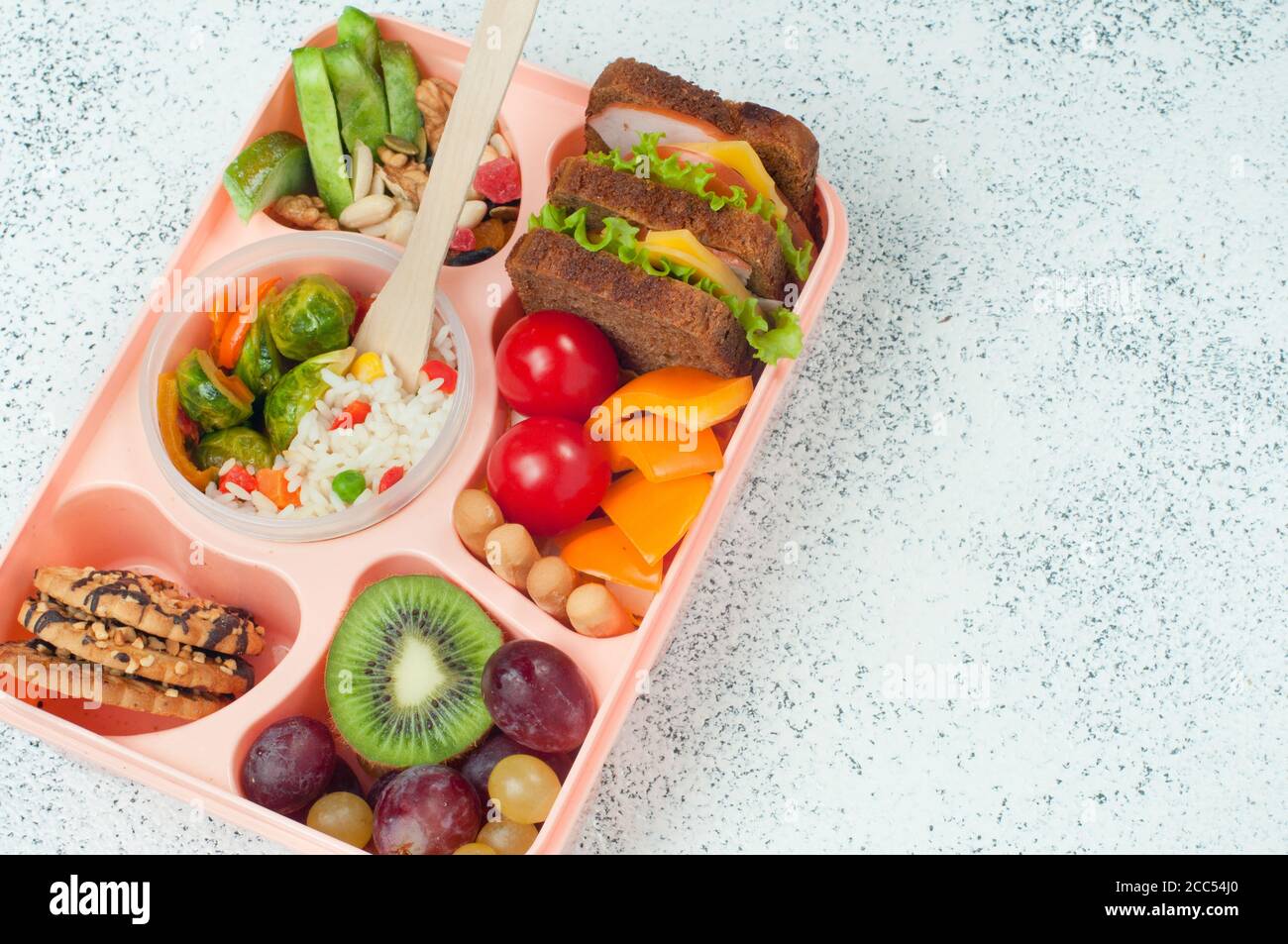 Close up of open lunch box on the grey background with copy space Stock ...