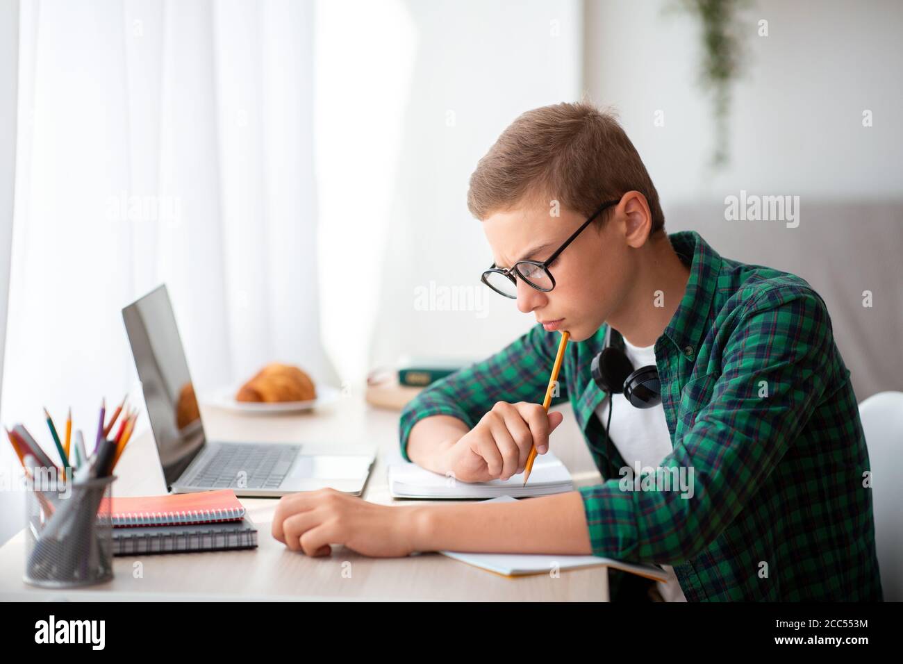Intelligent schooler working hard on homework, online education Stock ...