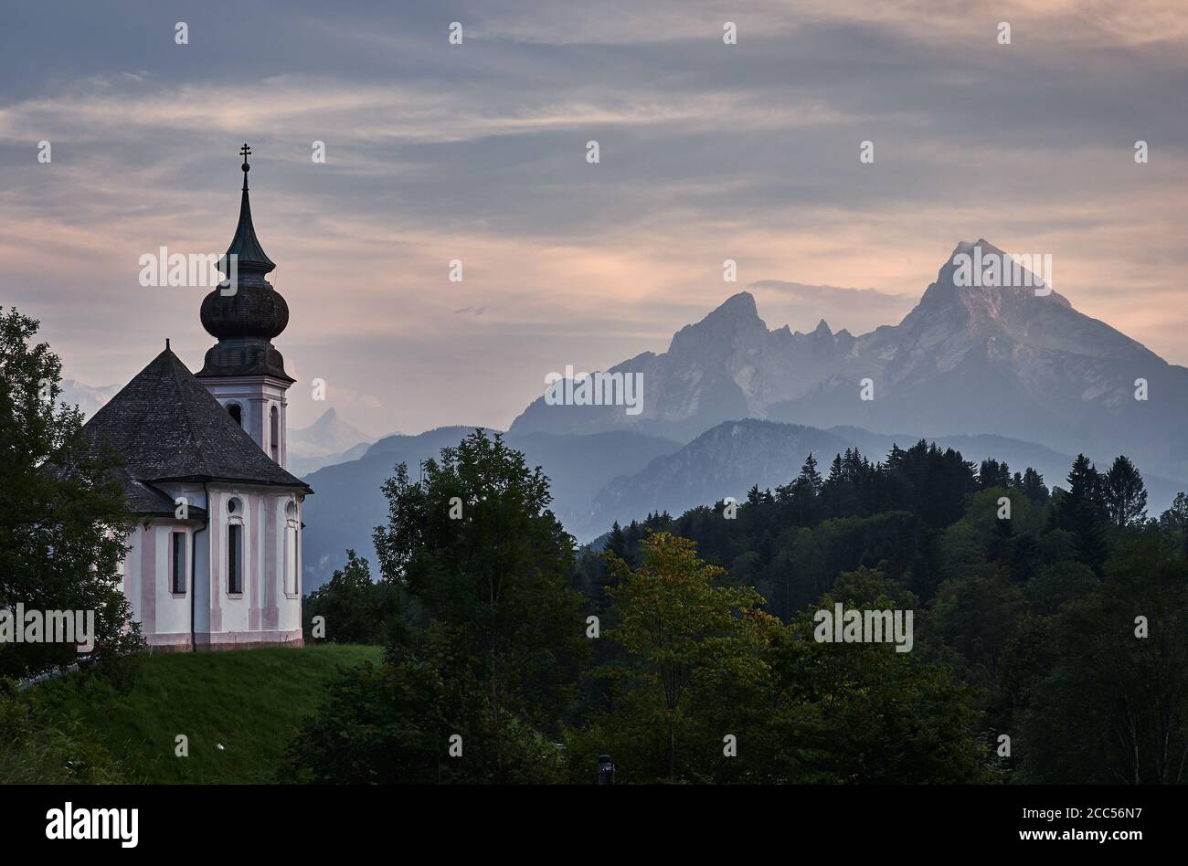 Pilgrimage church Maria Gern and Mount Watzmann during summer evening ...