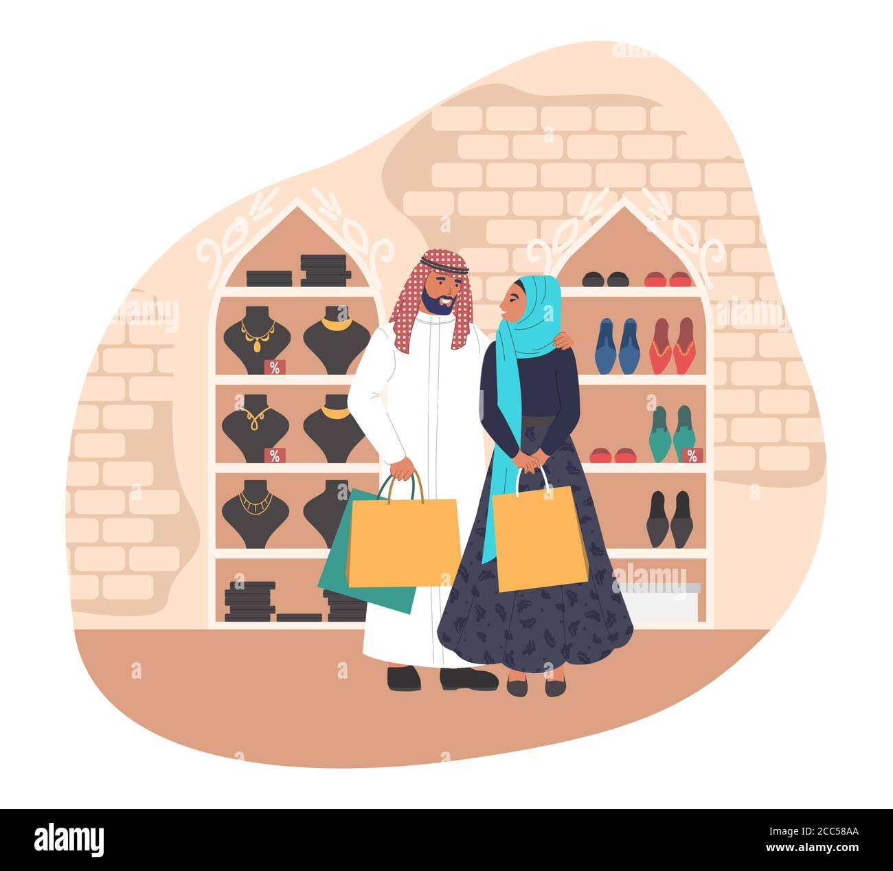 Happy muslim couple shopping in women store, flat vector illustration ...