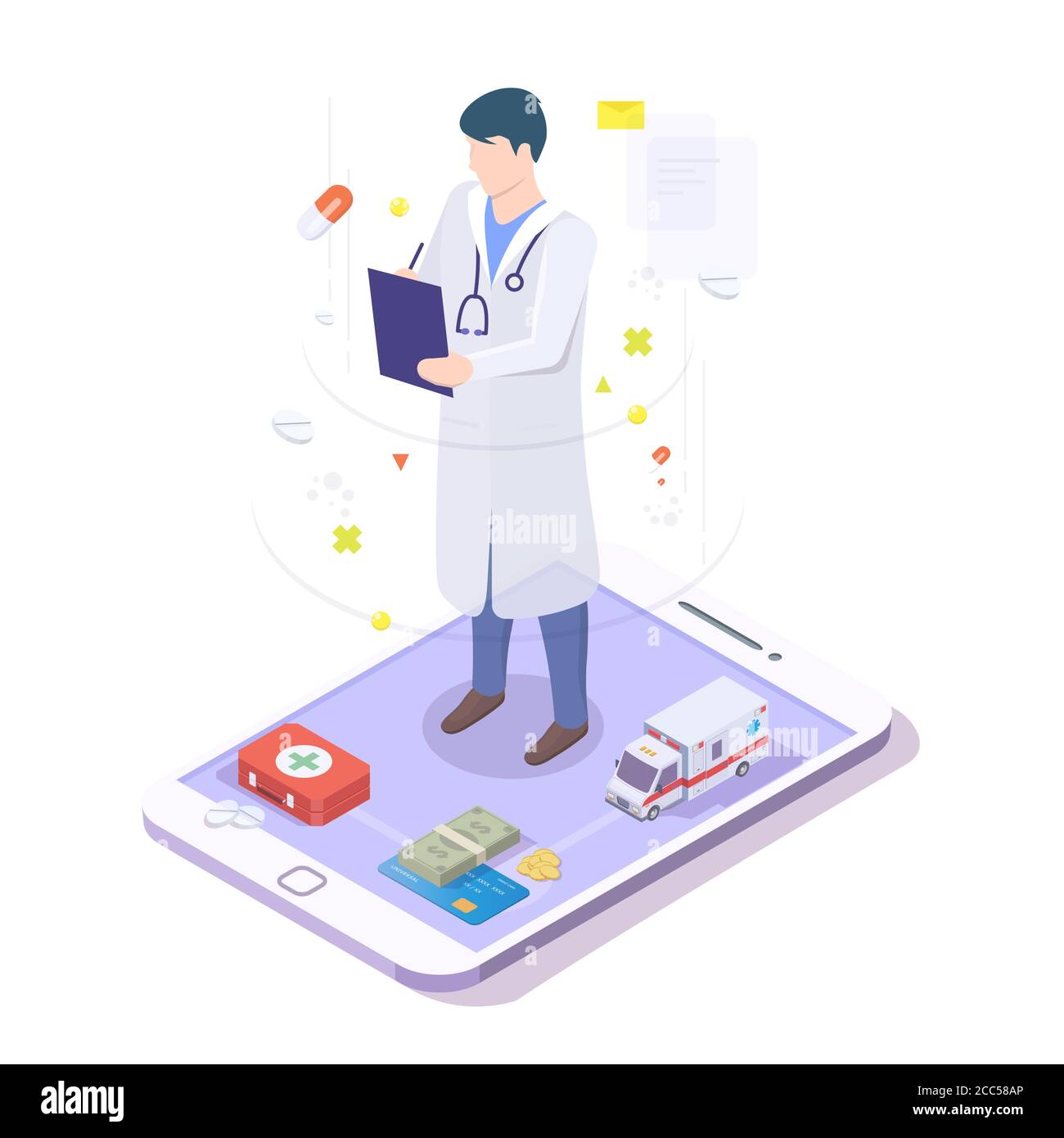 Online doctor physician with stethoscope on mobile phone screen ...