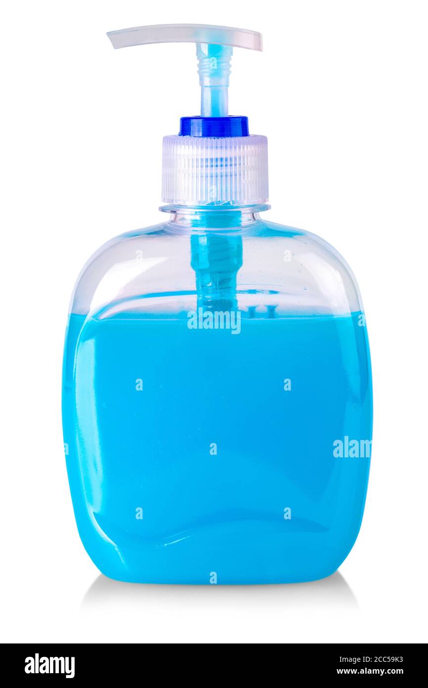 The Plastic bottle of the blue transparent liquid soap isolated on ...