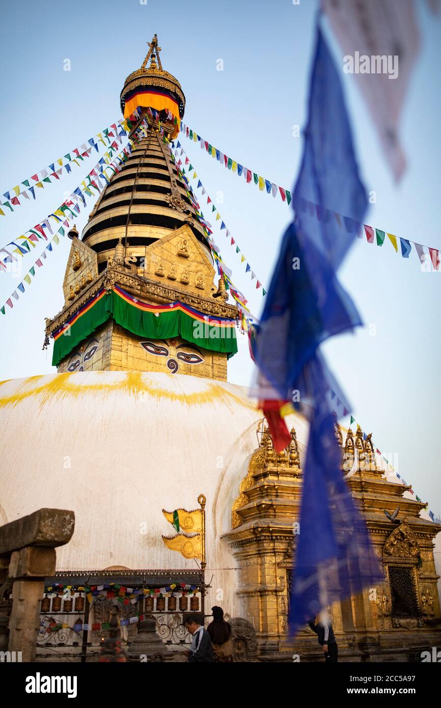 Golden dome and spire of Swayambhunath stupa in Kathmandu, Nepal Stock ...