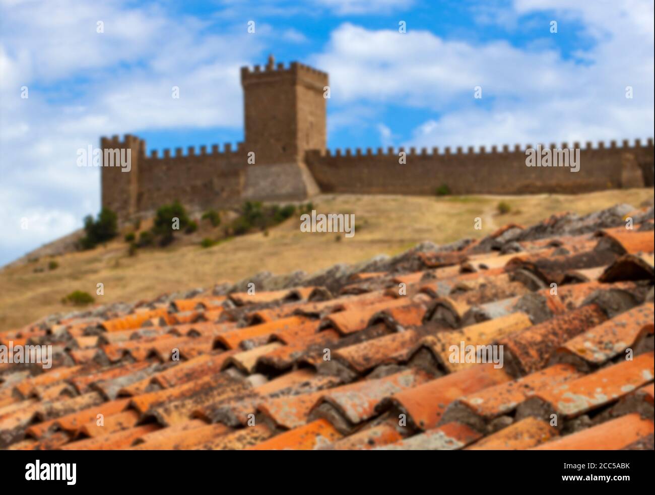 Blurred Background of old roof tiles and old Castle. Selective focus ...