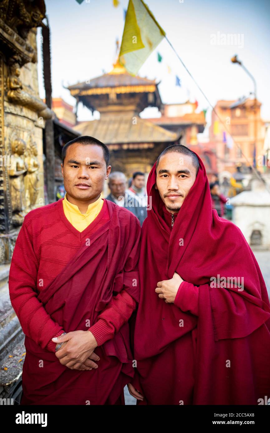 Tibetan Budhist monks at Swayambhunath stupa in Kathmandu, Nepal Stock ...