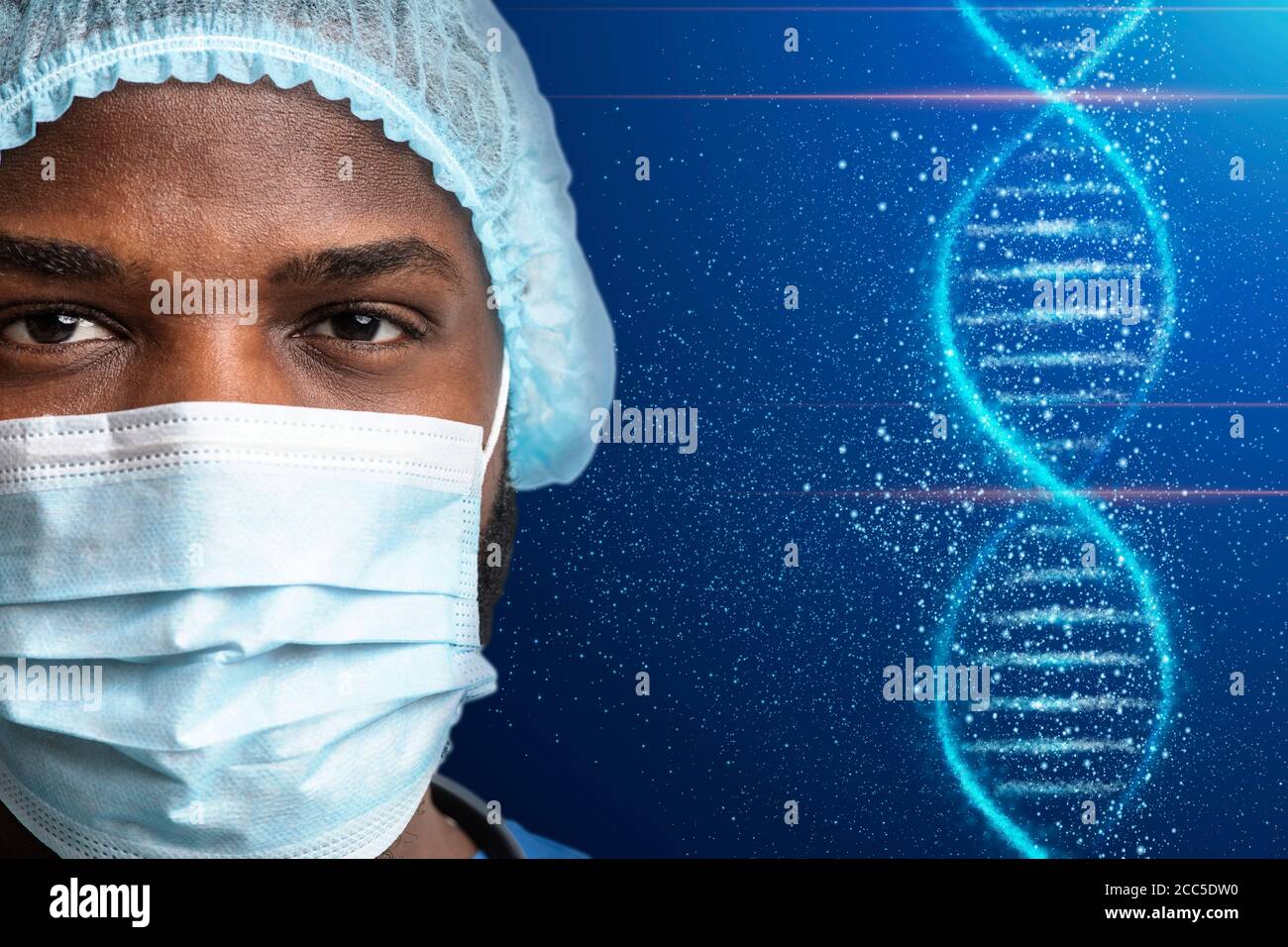 Decoding human DNA. Collage with black doctor in medical mask and ...