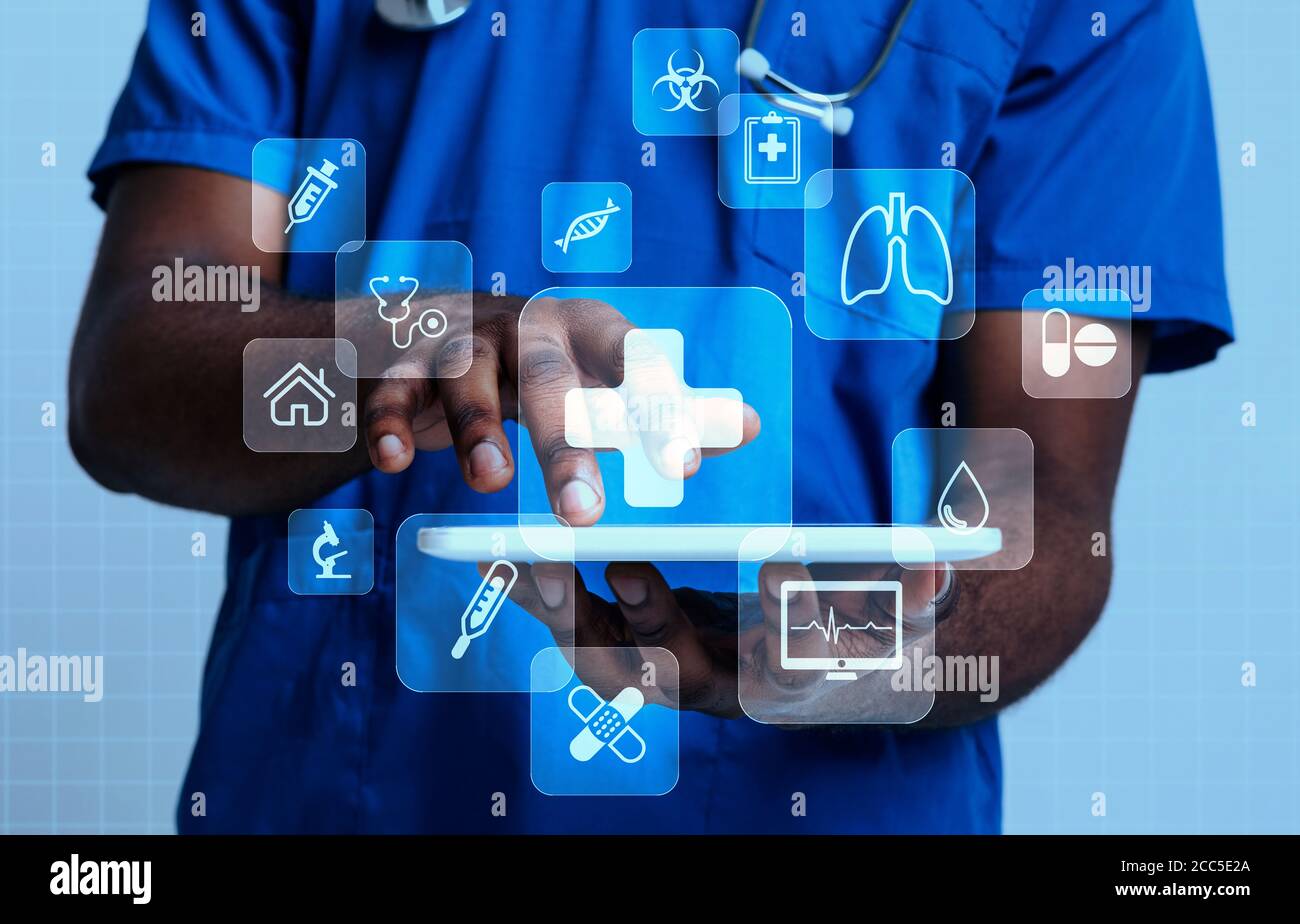 Black male doctor using tablet computer, collage with different medical ...