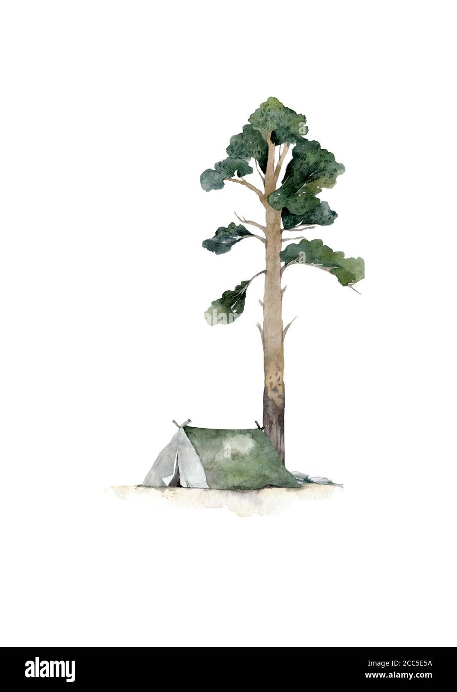 Hand drawn watercolor tent in the forest with tree camping design ...
