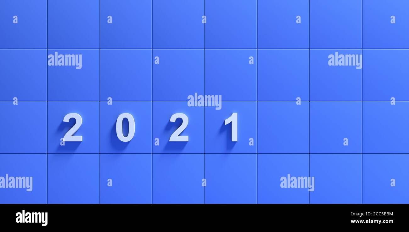 2021, new year. Number 2021 white digits on blue color tiled wall ...