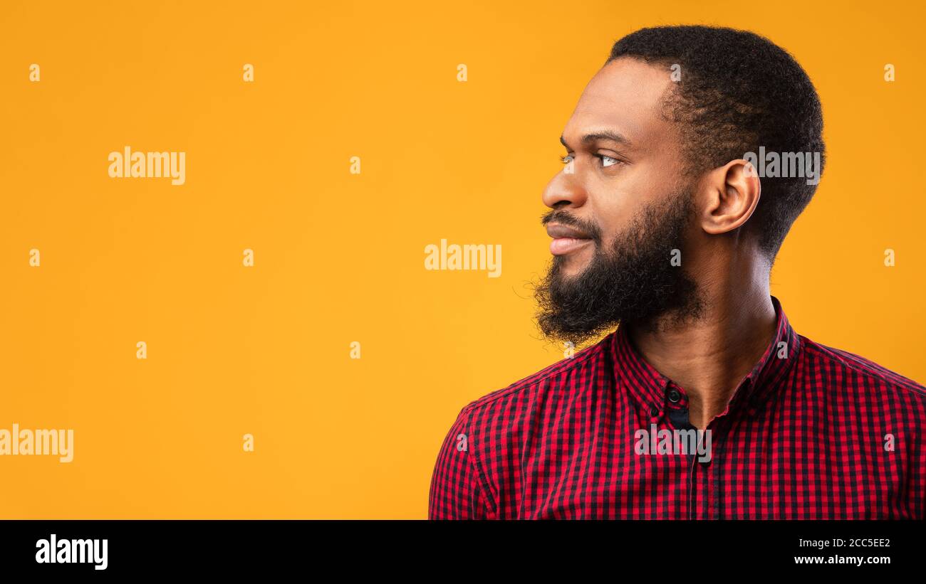 Side portrait of masculine afro guy looking at copyspace Stock Photo ...