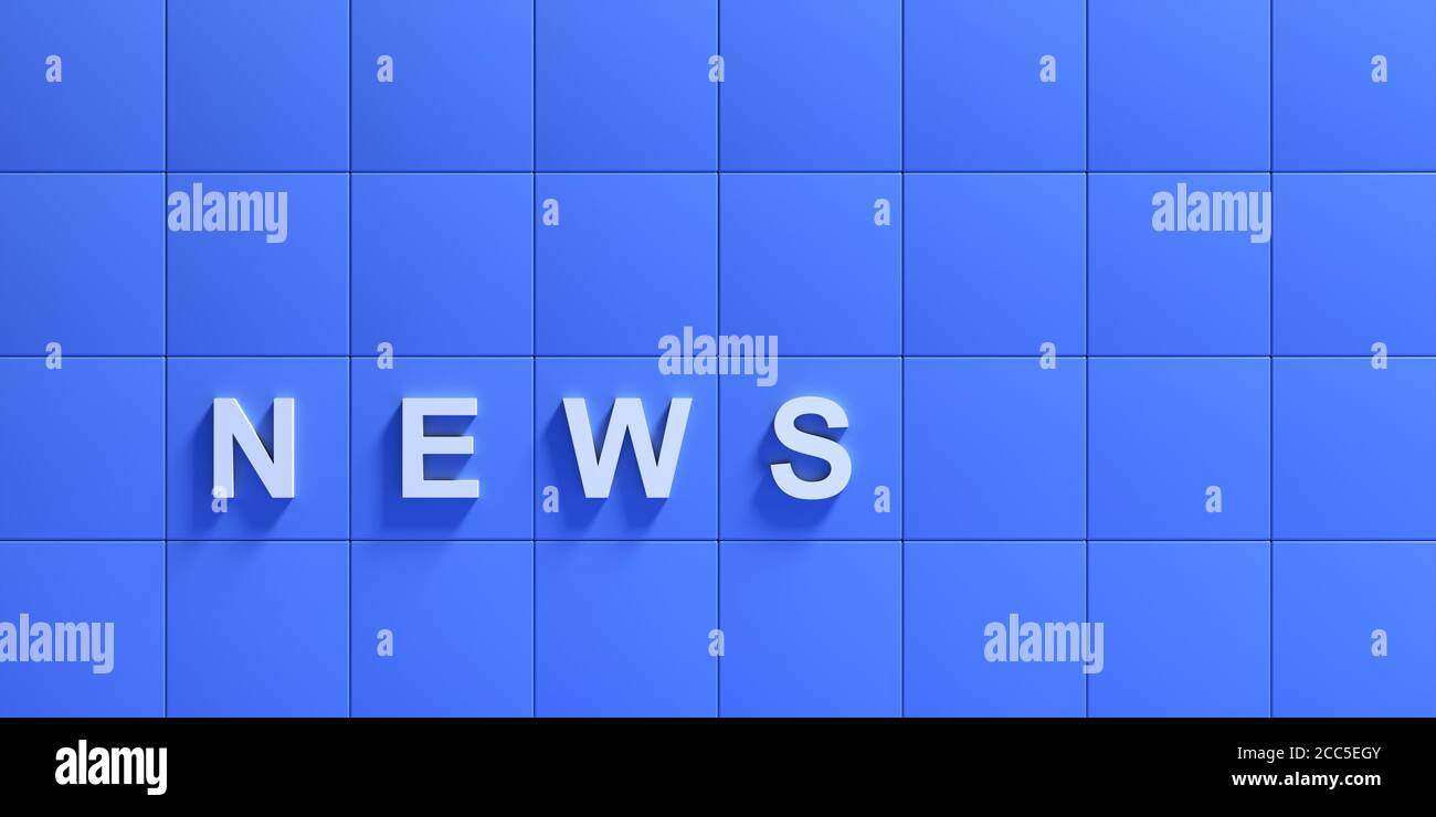 News word text, White text on blue color tiled wall background, copy ...