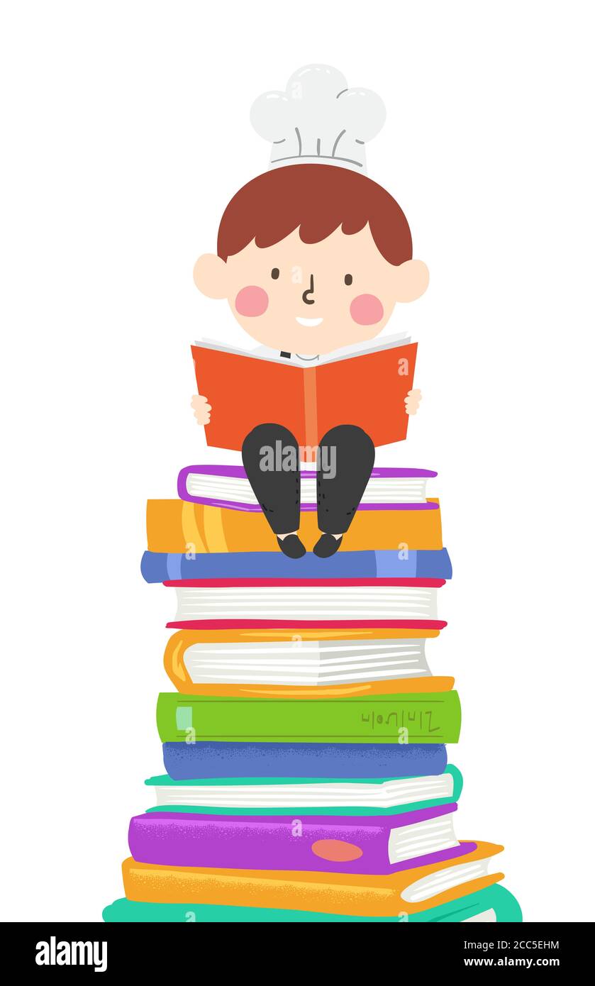 Illustration of a Kid Boy Chef Reading a Book and Sitting on a Stack of ...