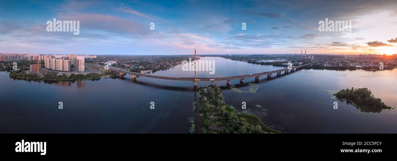 Aerial panoramic view if Pivdenyi bridge in Kyiv, UKraine Stock Photo ...