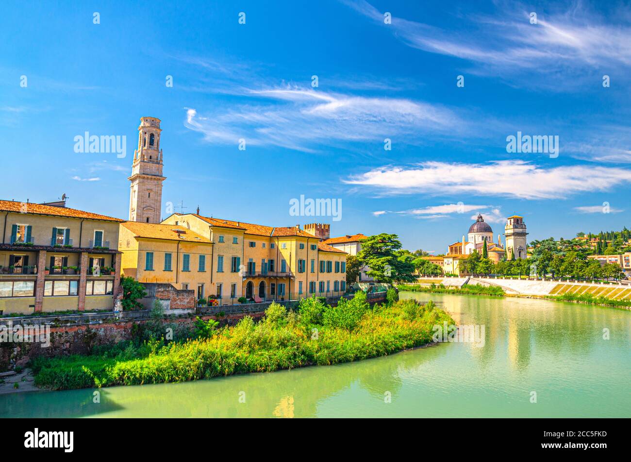 Verona cityscape with buildings on bank of Adige river, San Giorgio in ...