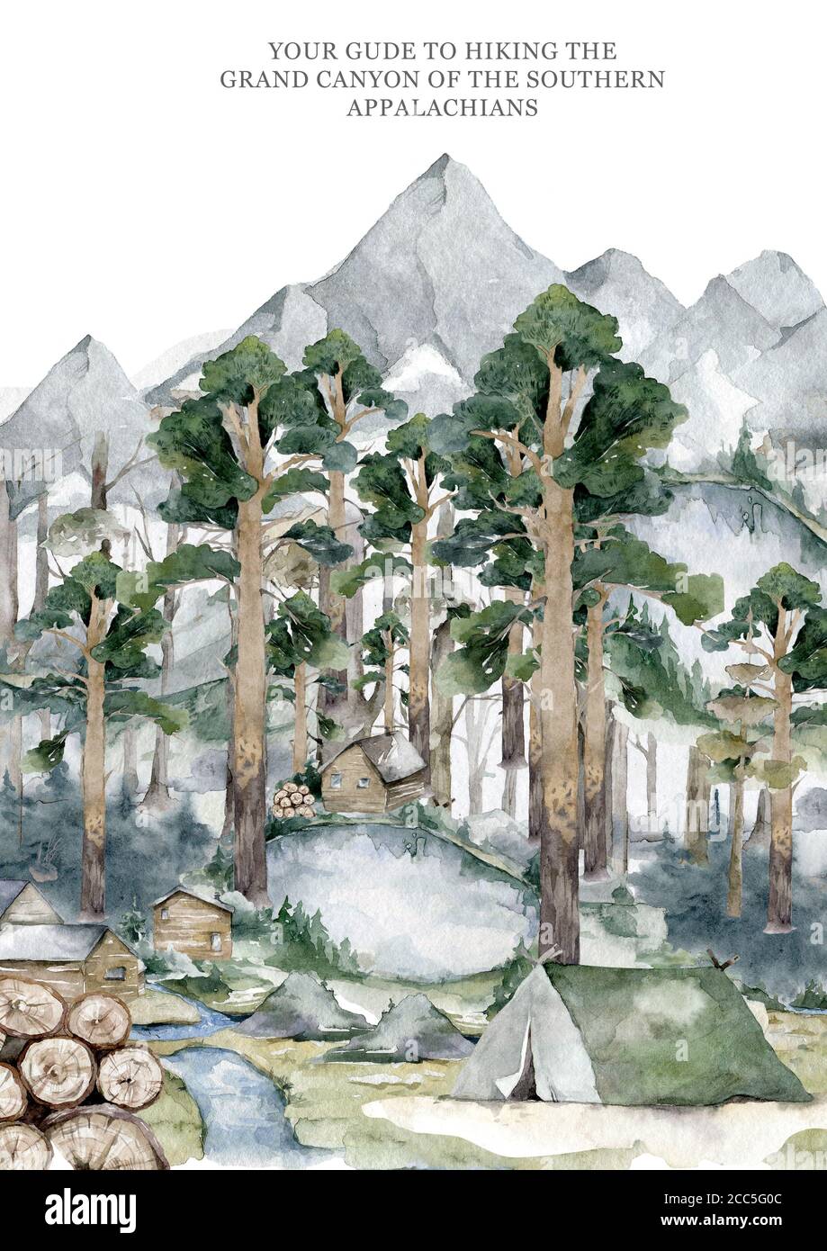 Hand drawn watercolor tent in the forest with tree camping design ...