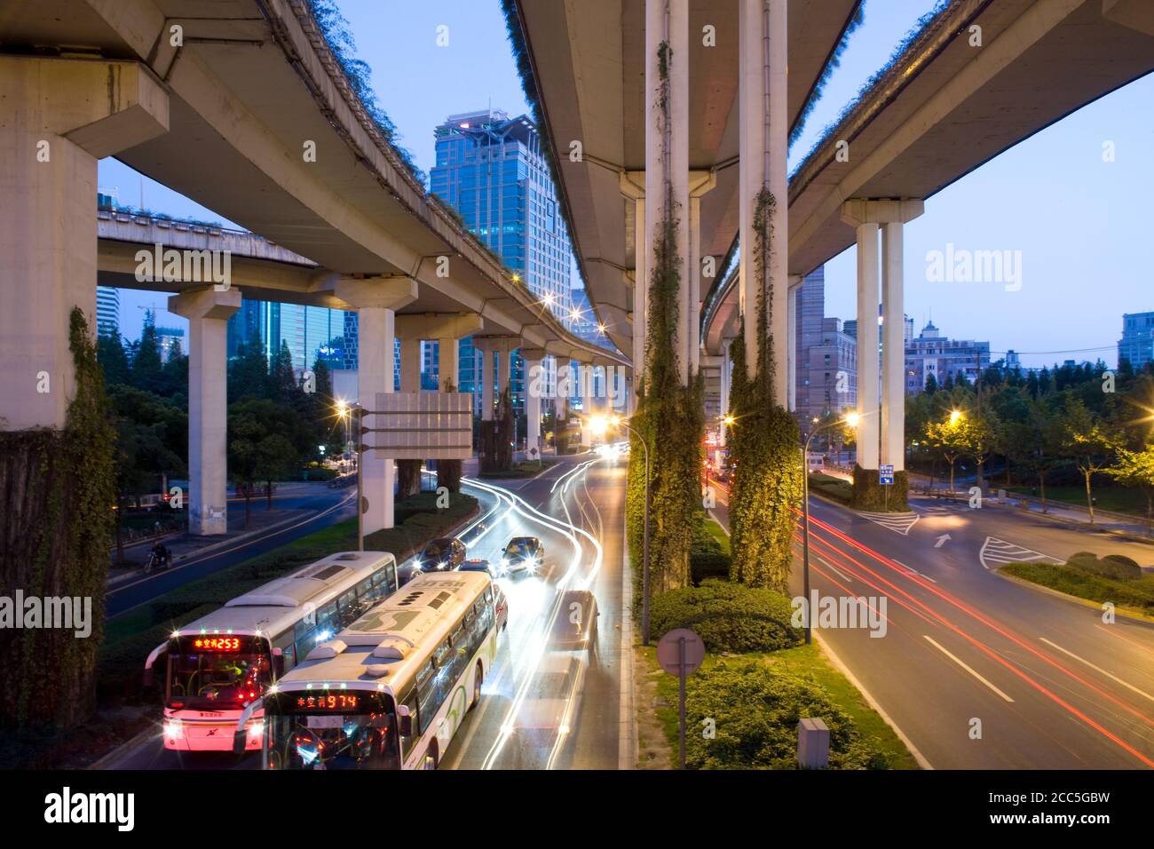 Shanghai, China, Asia - Elevated freeways in the intersection of Yan an ...