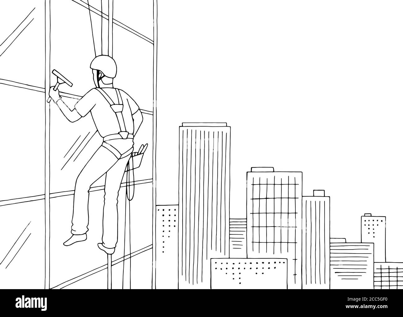 Industrial climber washing windows skyscraper graphic black white ...