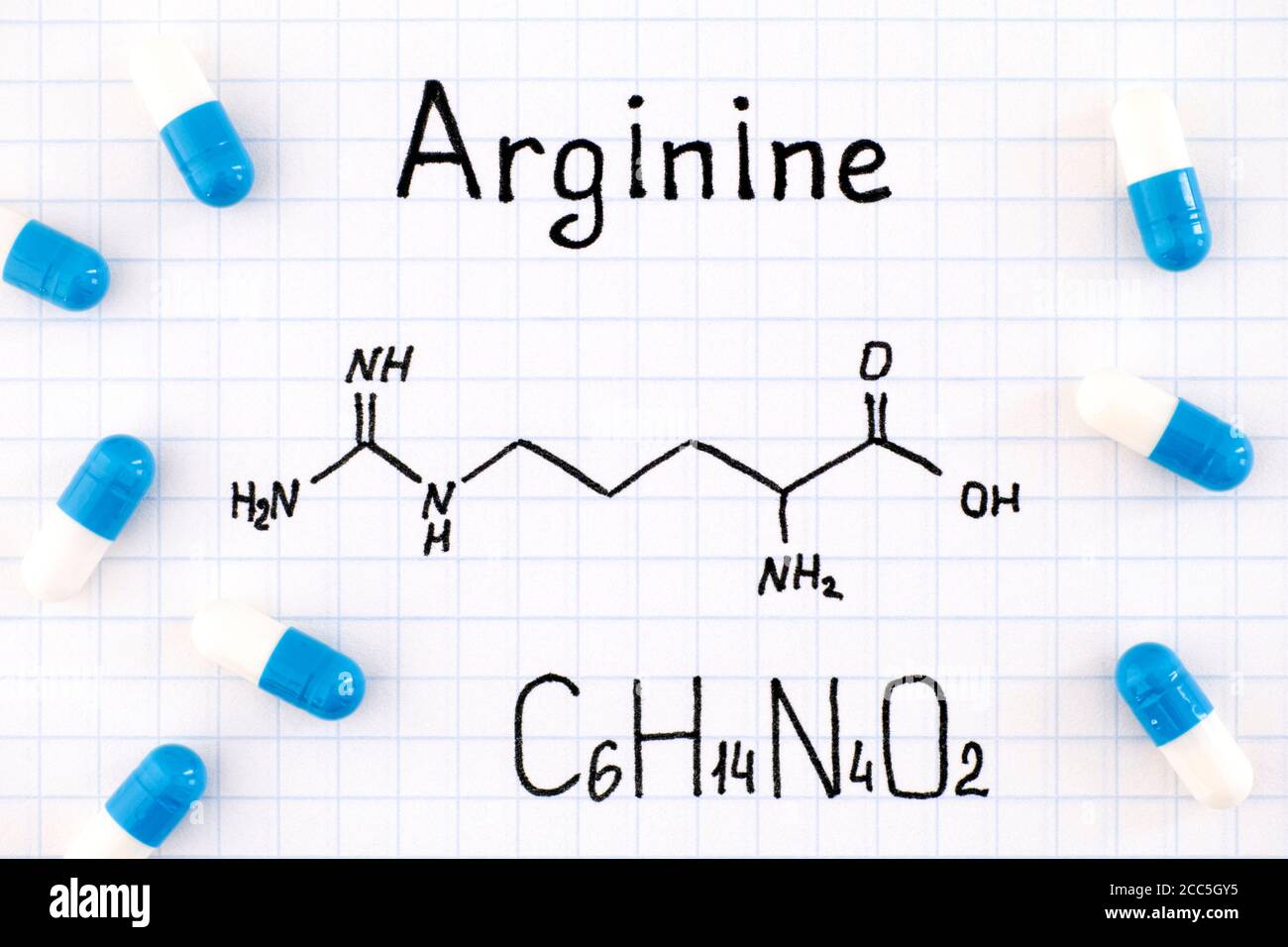 Chemical formula of Arginine with some pills. Close-up Stock Photo - Alamy