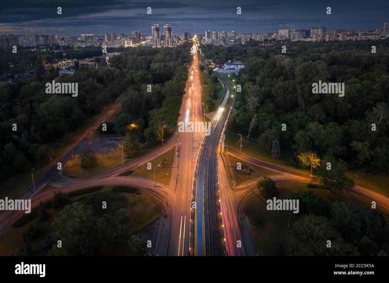 Aerial view of two level interchange at the sunset; panoramic view of ...