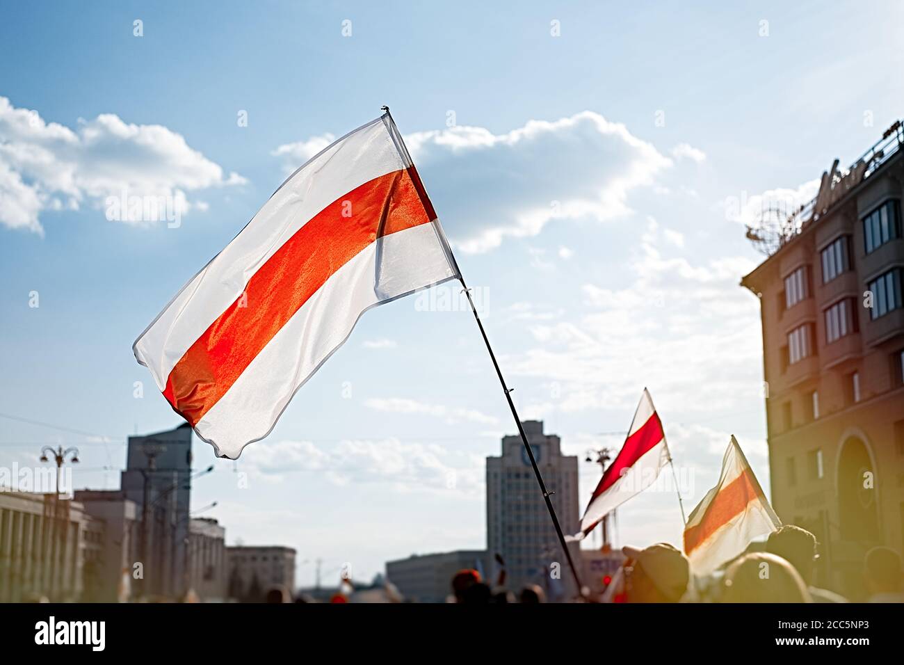 Flag of Belarus. White red white. Peaceful protest in Minsk. August 16 ...